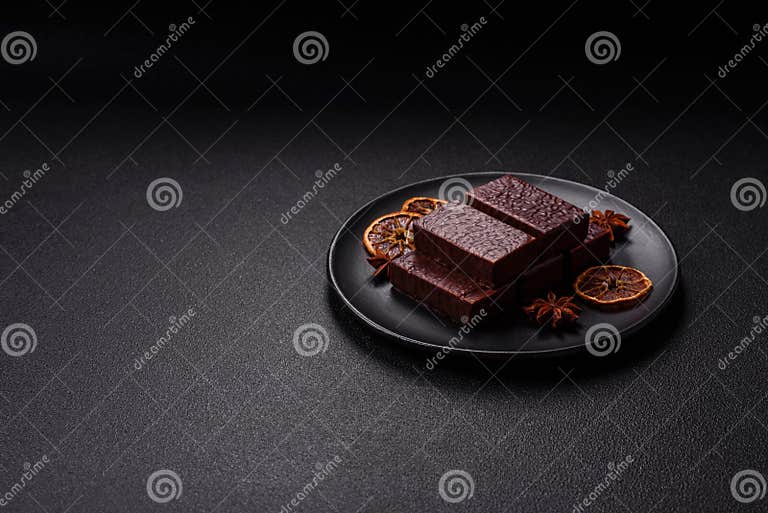 Rectangular Chocolate Candies with Mousse and Waffles Stock Photo ...