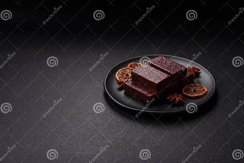 Rectangular Chocolate Candies with Mousse and Waffles Stock Photo ...