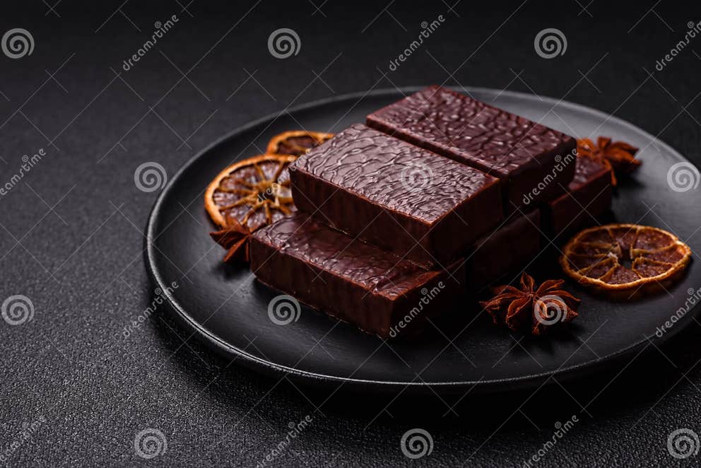 Rectangular Chocolate Candies with Mousse and Waffles Stock Photo ...