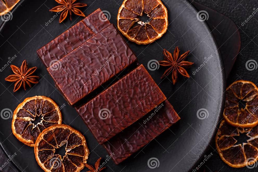 Rectangular Chocolate Candies with Mousse and Waffles Stock Photo ...