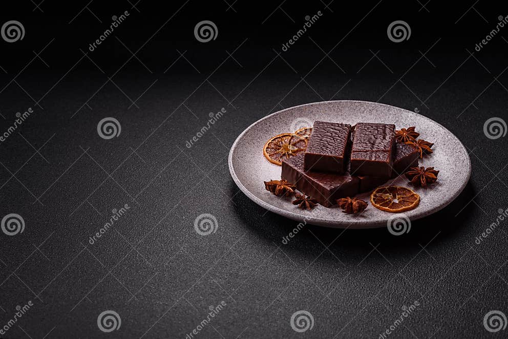 Rectangular Chocolate Candies with Mousse and Waffles Stock Photo ...