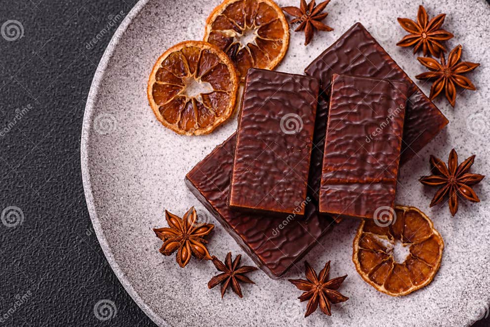 Rectangular Chocolate Candies with Mousse and Waffles Stock Image ...