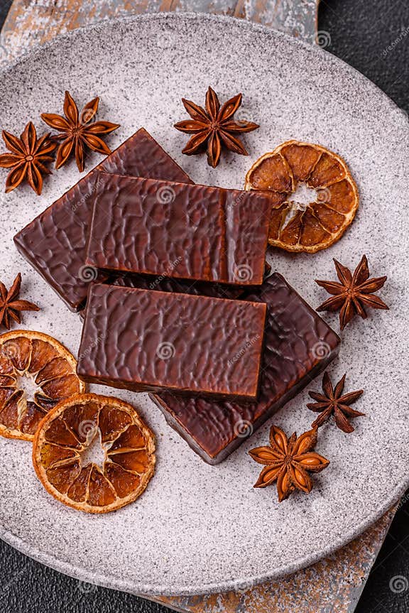 Rectangular Chocolate Candies with Mousse and Waffles Stock Image ...