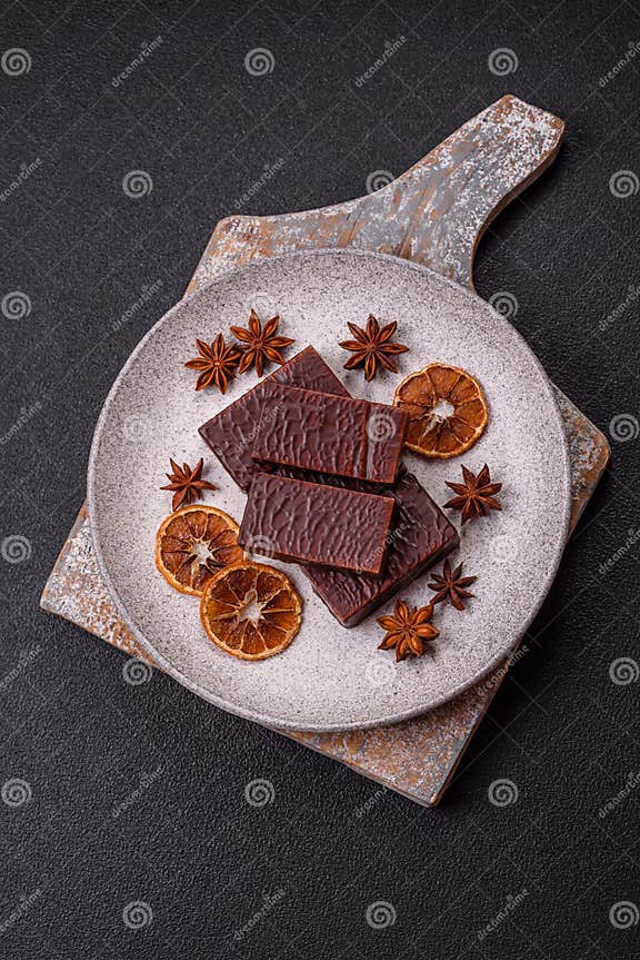 Rectangular Chocolate Candies with Mousse and Waffles Stock Photo ...