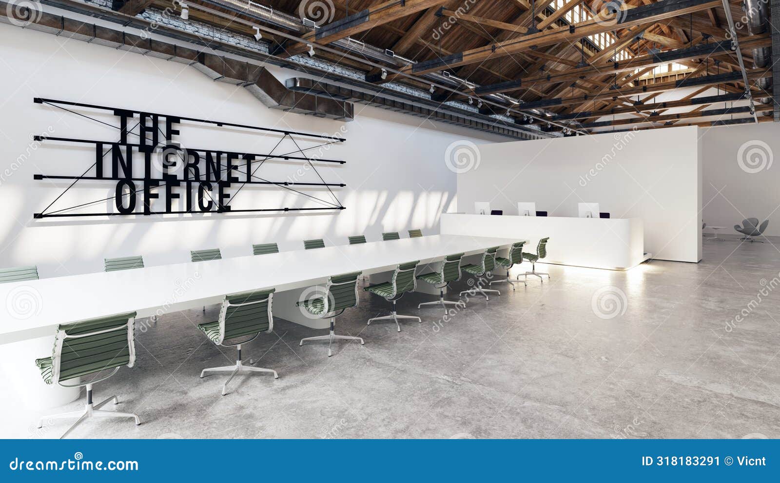 Rectangular Conference Hall with Wood Flooring and Internet Office Sign ...