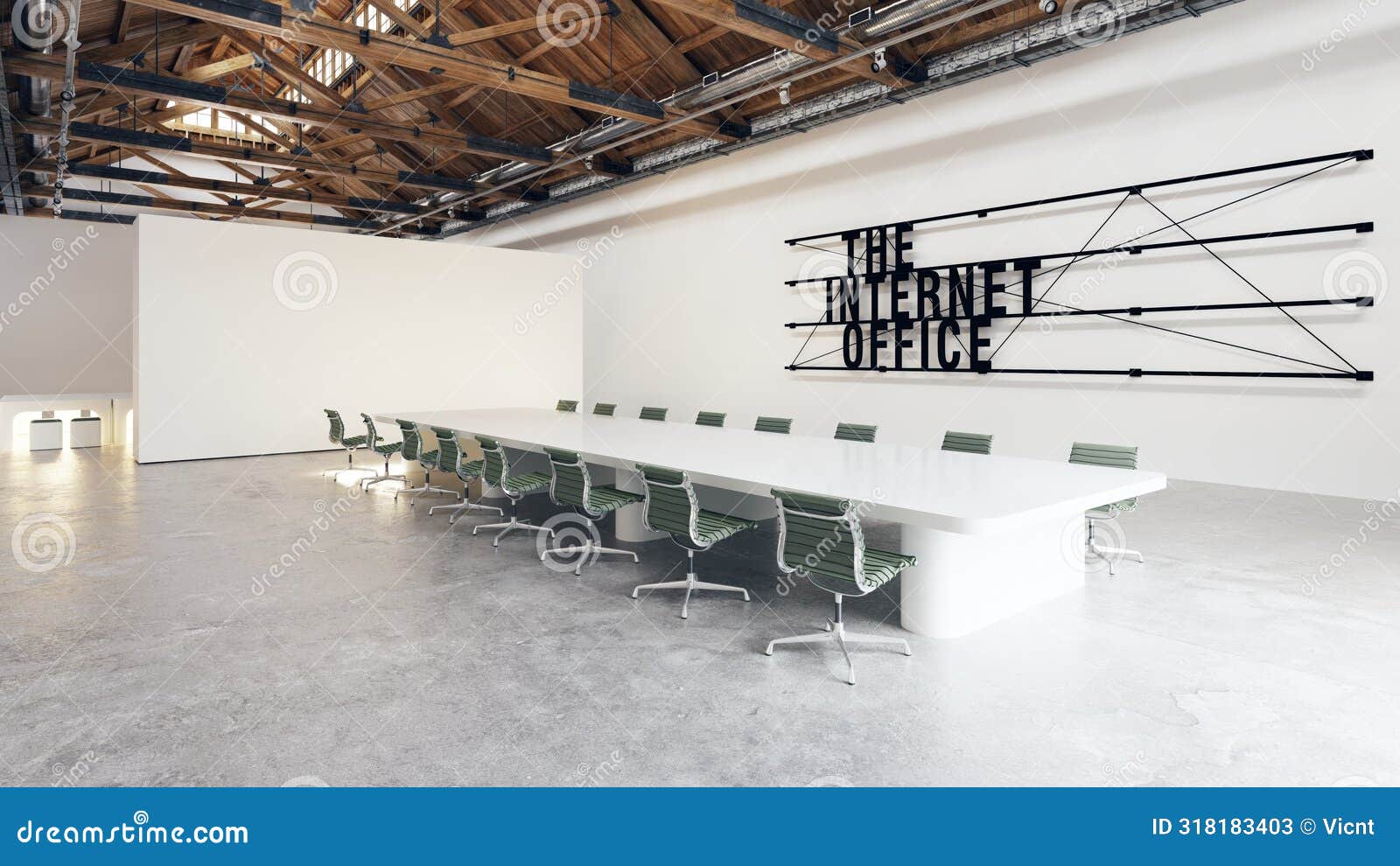 Rectangular Conference Hall With Wood Flooring And Internet Office Sign ...