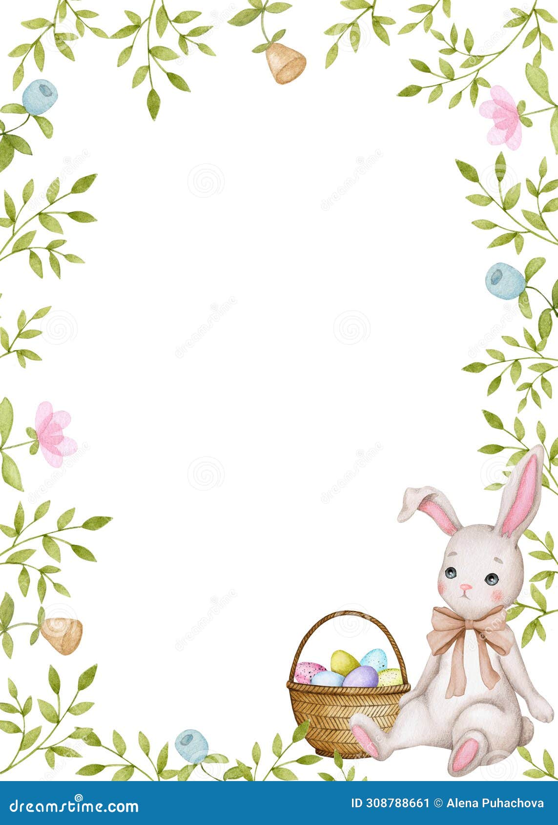 Rectangular Easter Frame with a Bunny, a Basket with Colored Eggs and ...
