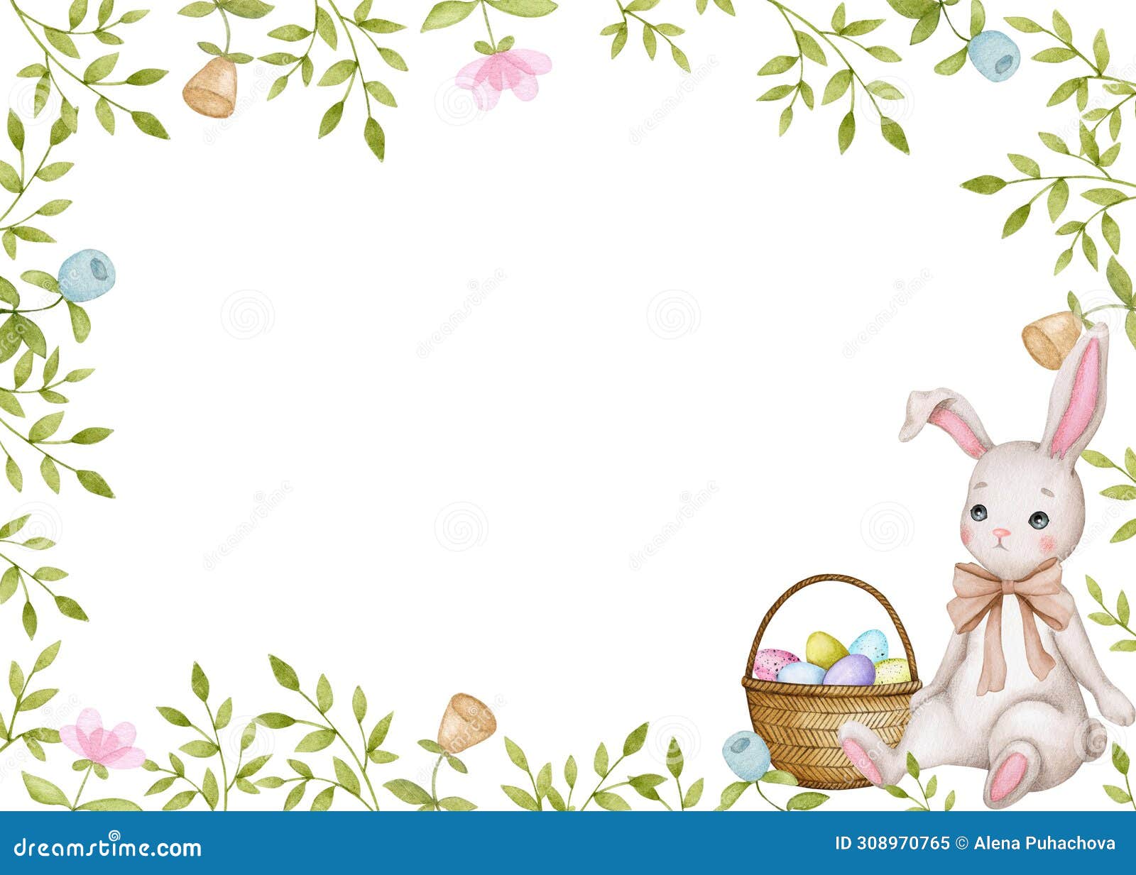 Rectangular Easter Frame with a Bunny, a Basket with Colored Eggs and ...