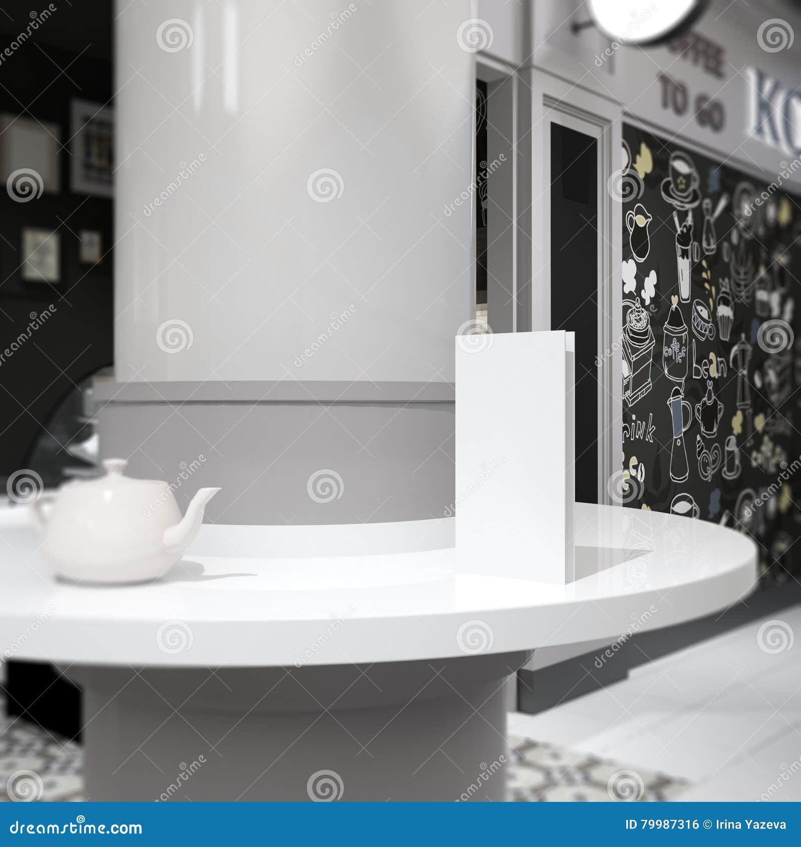 Empty Cafe Interior. Coffee Shop With White Bar Counter, Shelves And ...