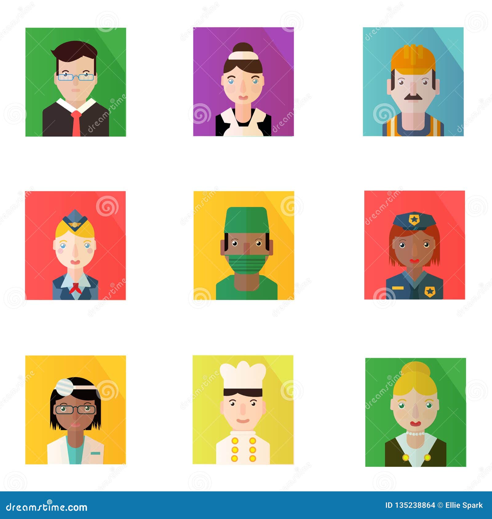Rectangular Flat Professions Avatars Set Stock Vector - Illustration of ...