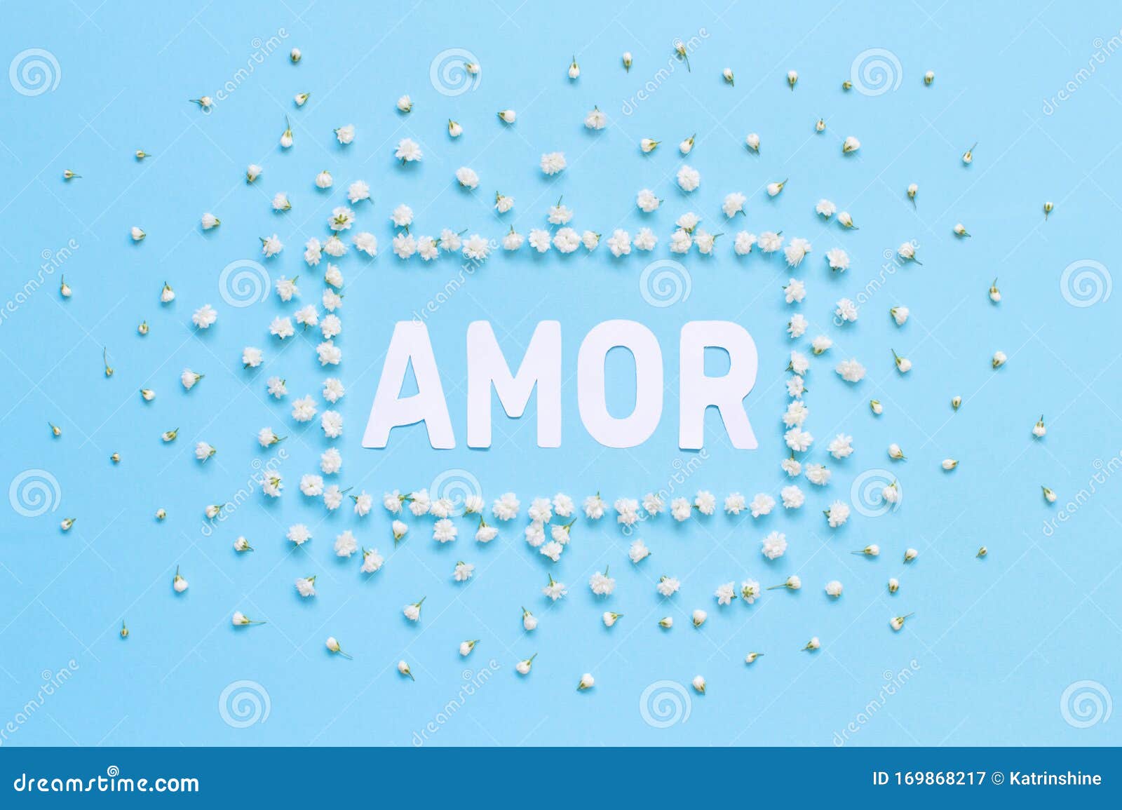 Rectangular Floral Frame and Text AMOR on a Light Blue Background Stock ...