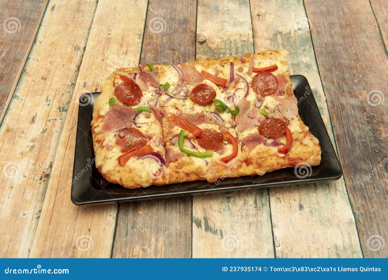 Rectangular and Fluffy Pizza with Triple Meat, Pepperoni, Cooked Ham ...