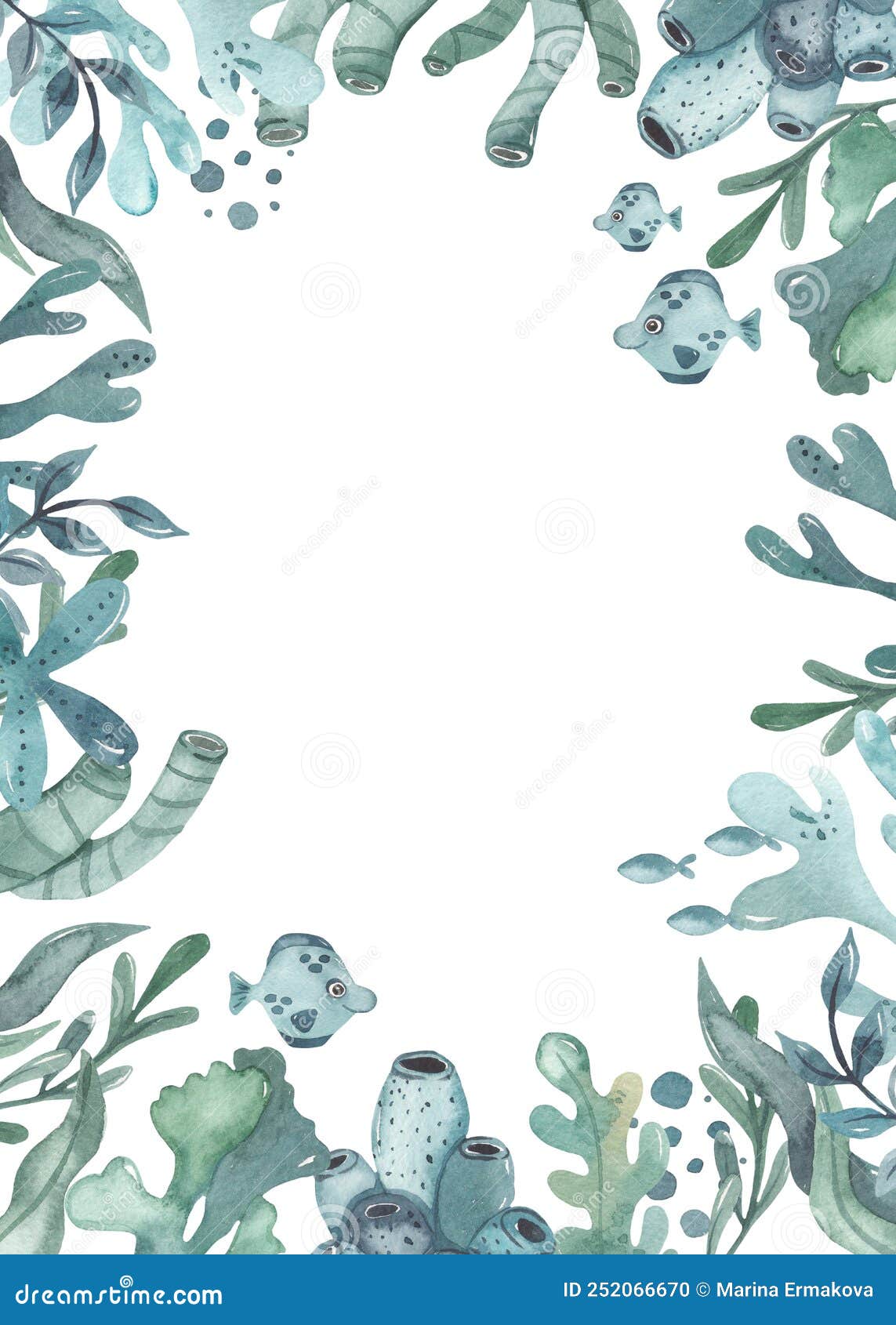 Rectangular Frame with Algae, Corals, Underwater, Blue and Green, Fish ...