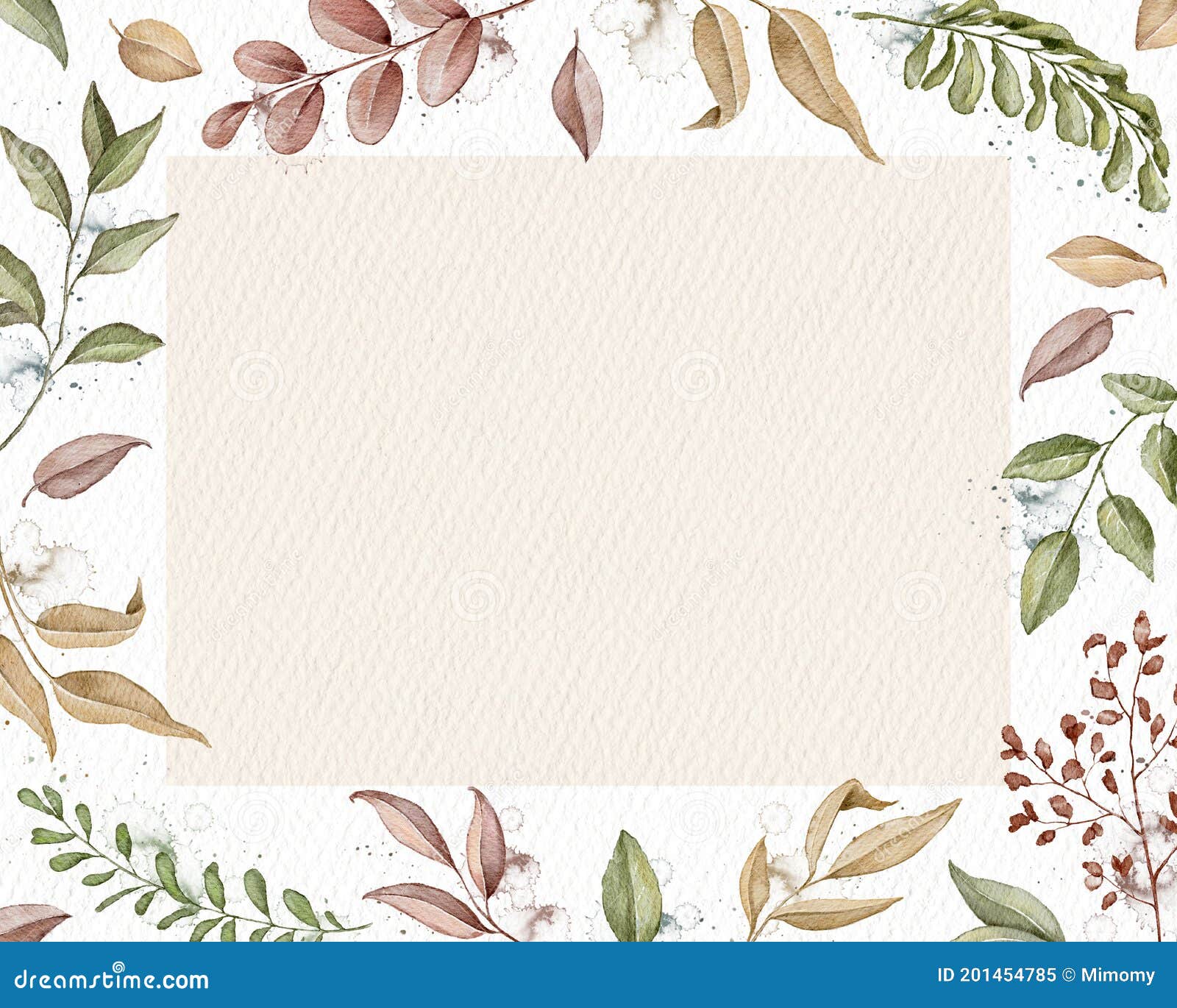 Watercolor Rectangular Frame with Autumn Varied Leaves, Plants and ...