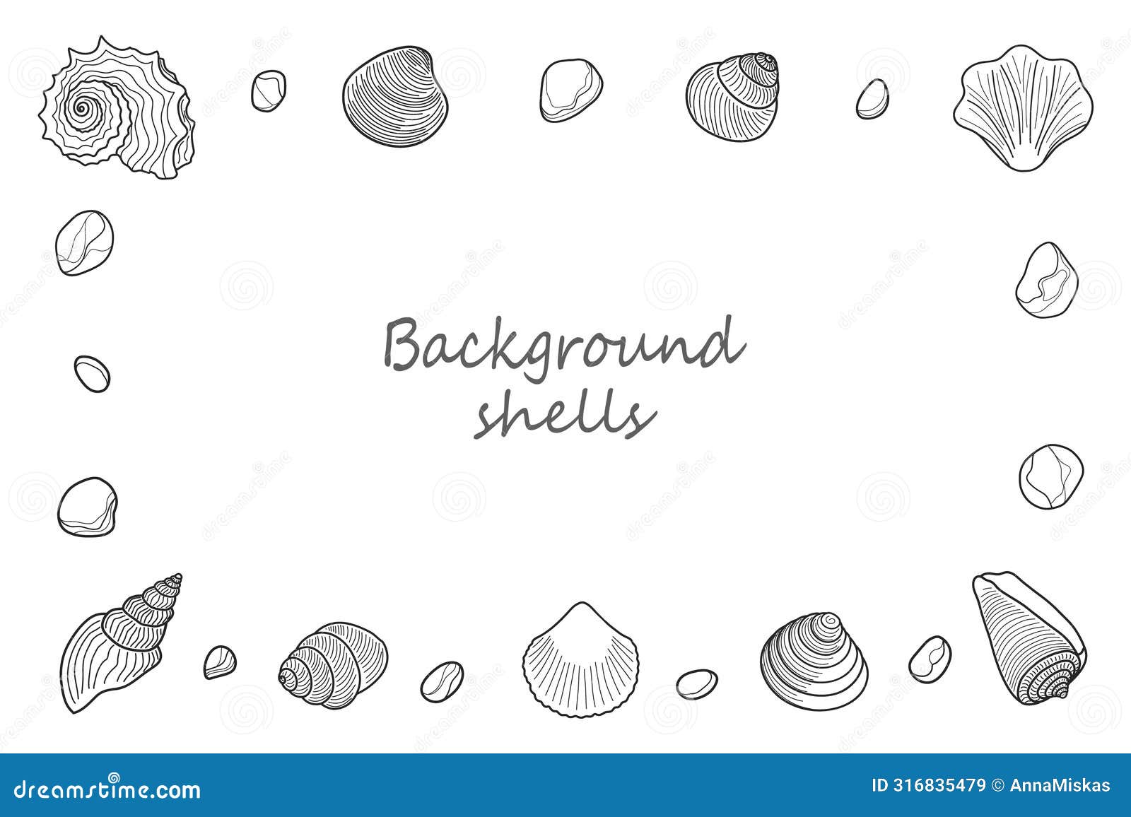 Rectangular Frame And Background, Outline Of Shells And Pebbles ...