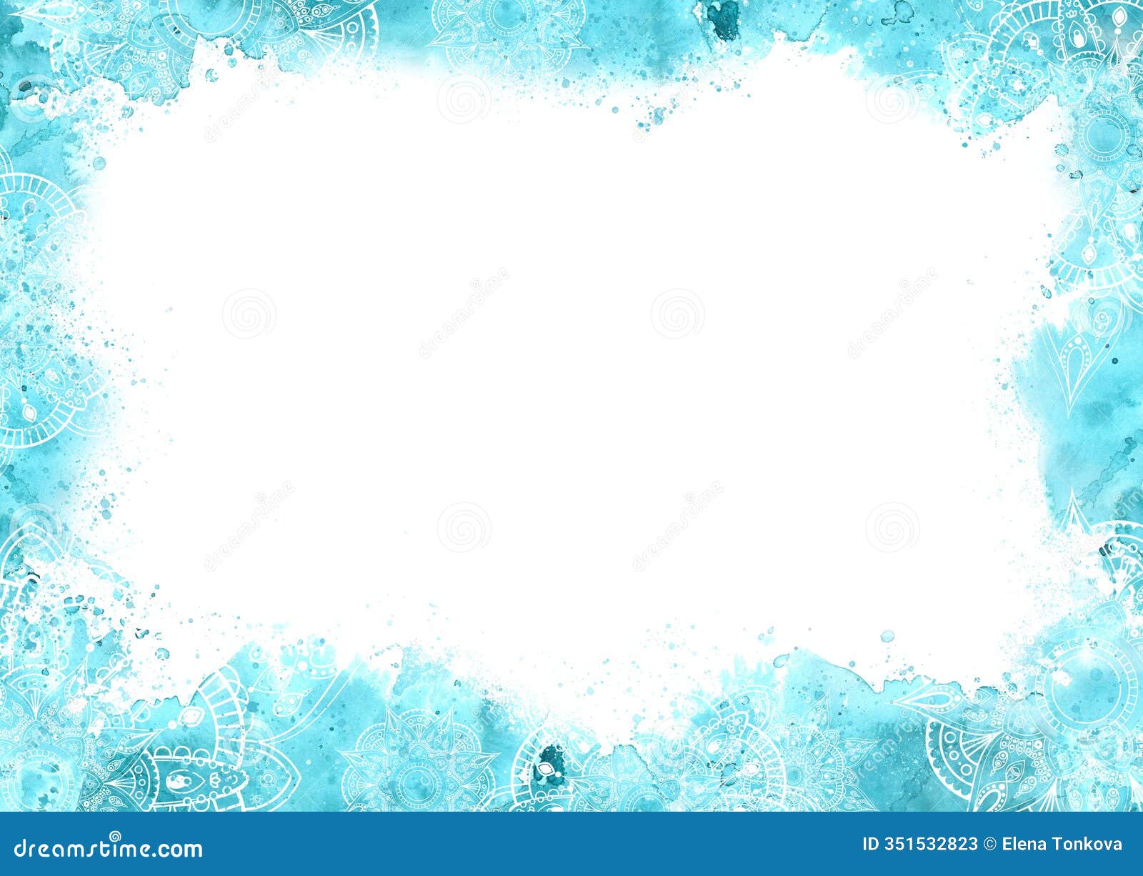 Rectangular Frame with Blue Watercolor Background and White Mandala ...