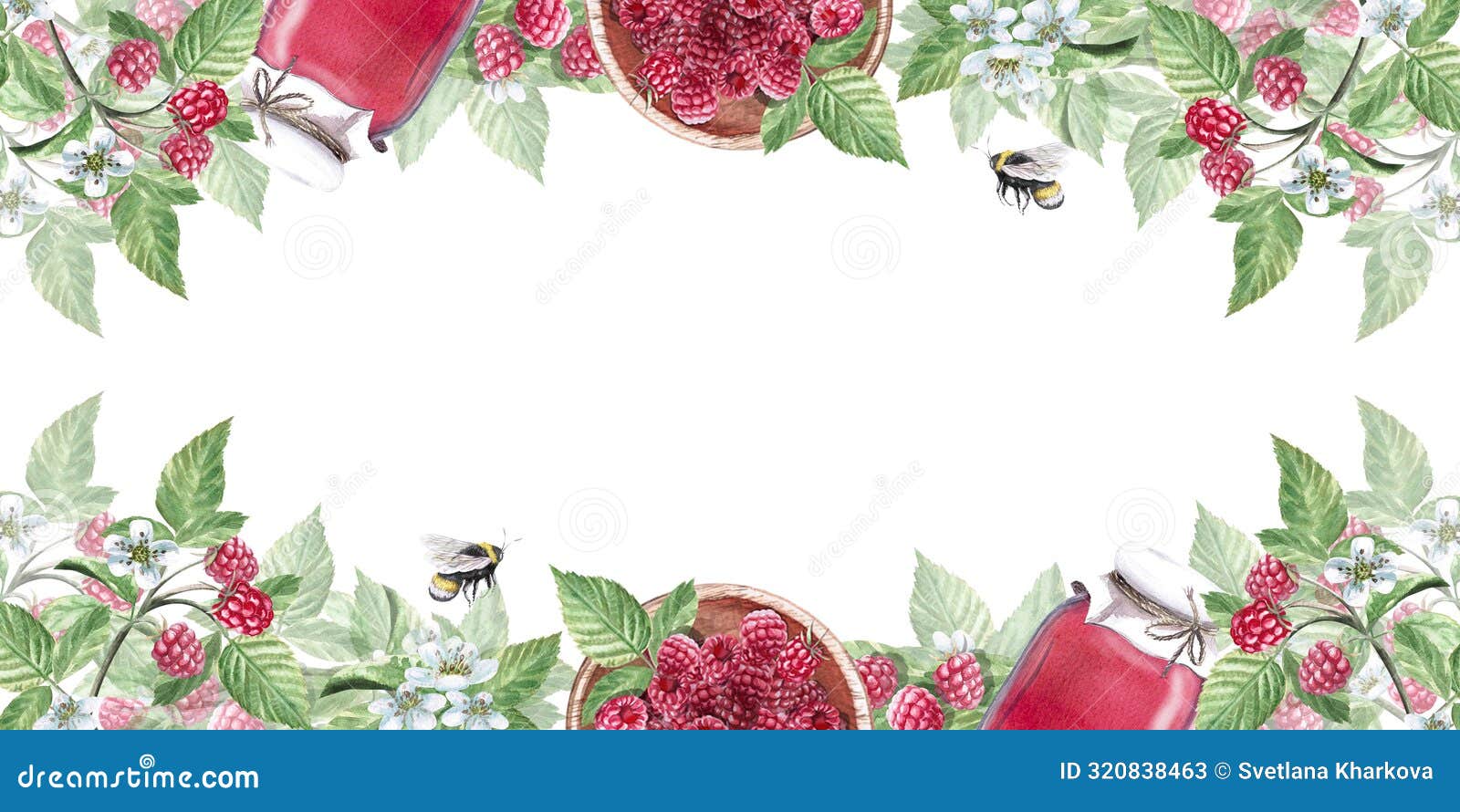 Rectangular Frame of Branches, Leaves, Raspberries in Watercolor ...