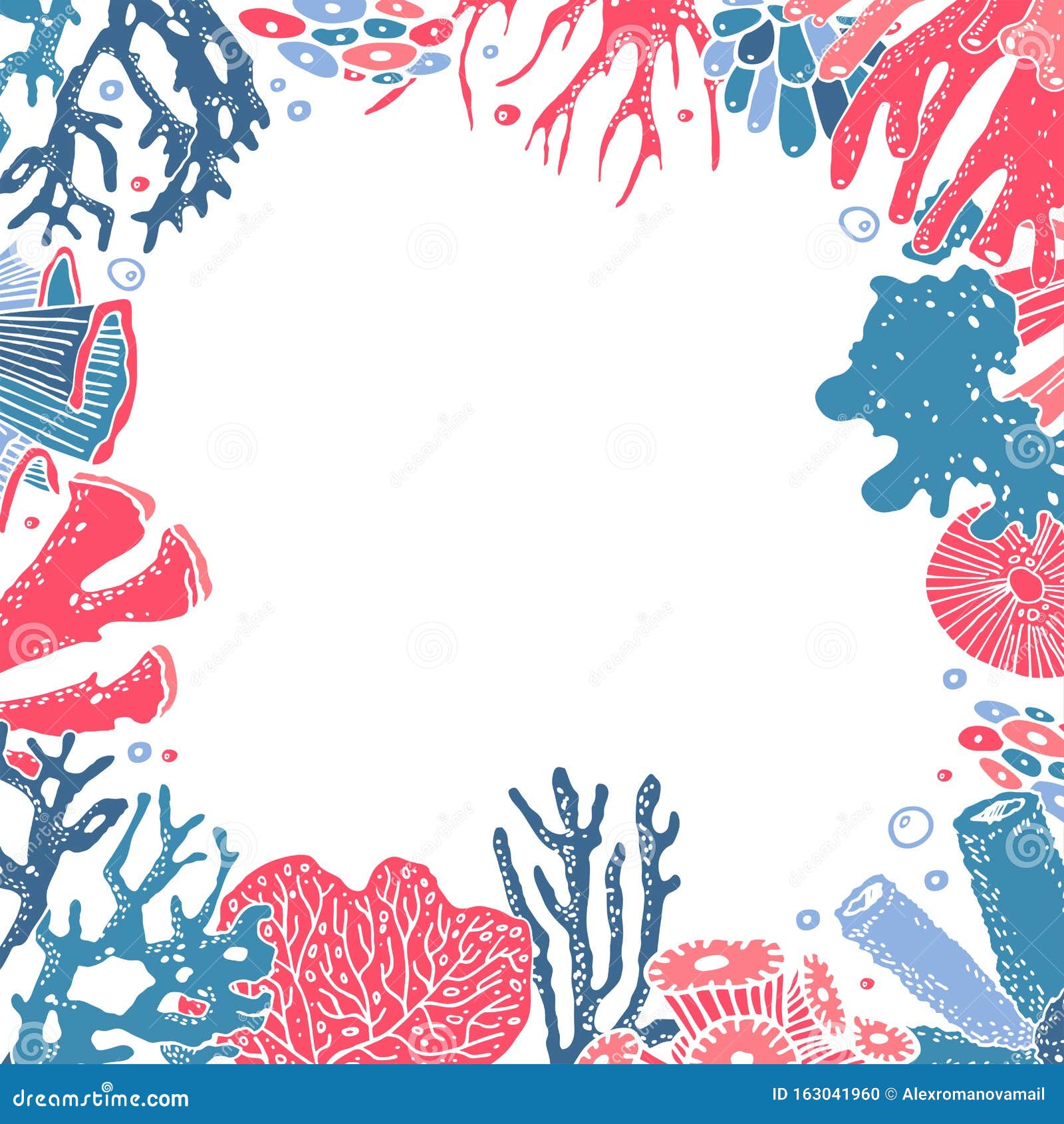 Rectangular Frame with Cartoon Corals. Hand Drawn Vector Color ...