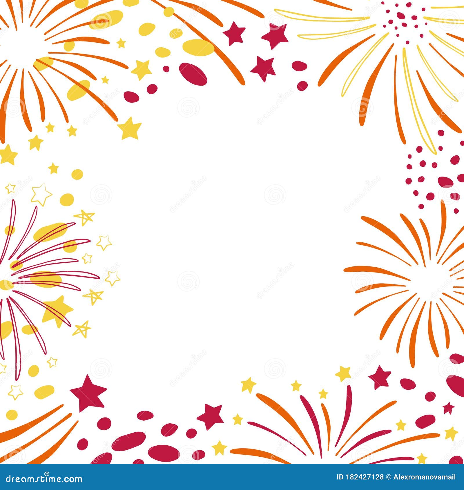 Rectangular Frame Design Template with Fireworks. Hand Drawn Vector ...