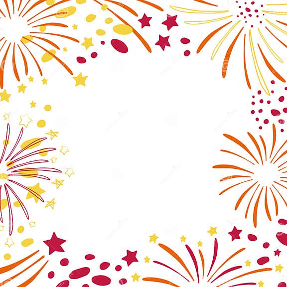 Rectangular Frame Design Template with Fireworks. Hand Drawn Vector ...
