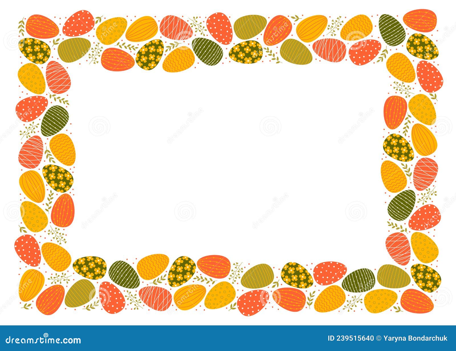 Rectangular Frame of Easter Decorated Eggs and Leaves. Yellow, Red and ...