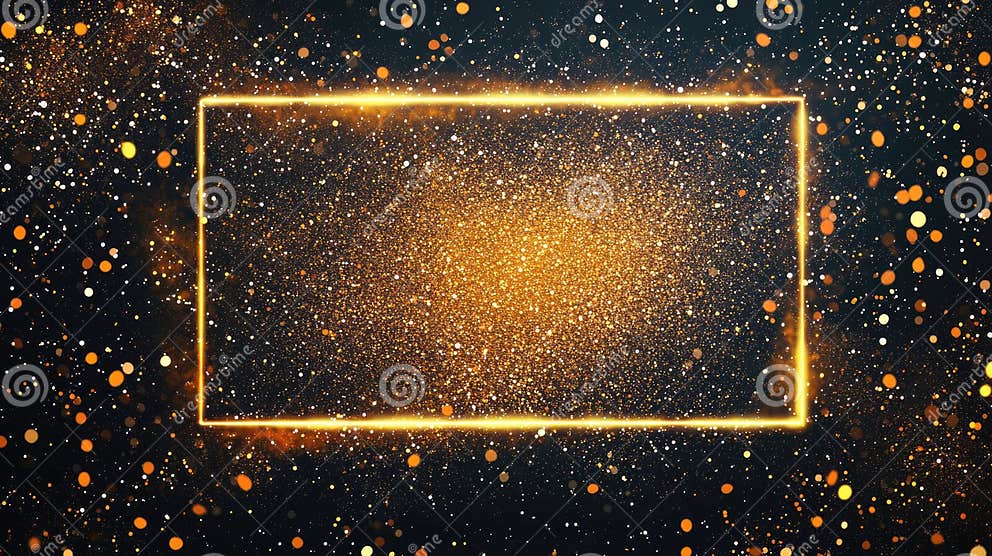 Rectangular Frame Glowing with Golden Light Particles on Black ...