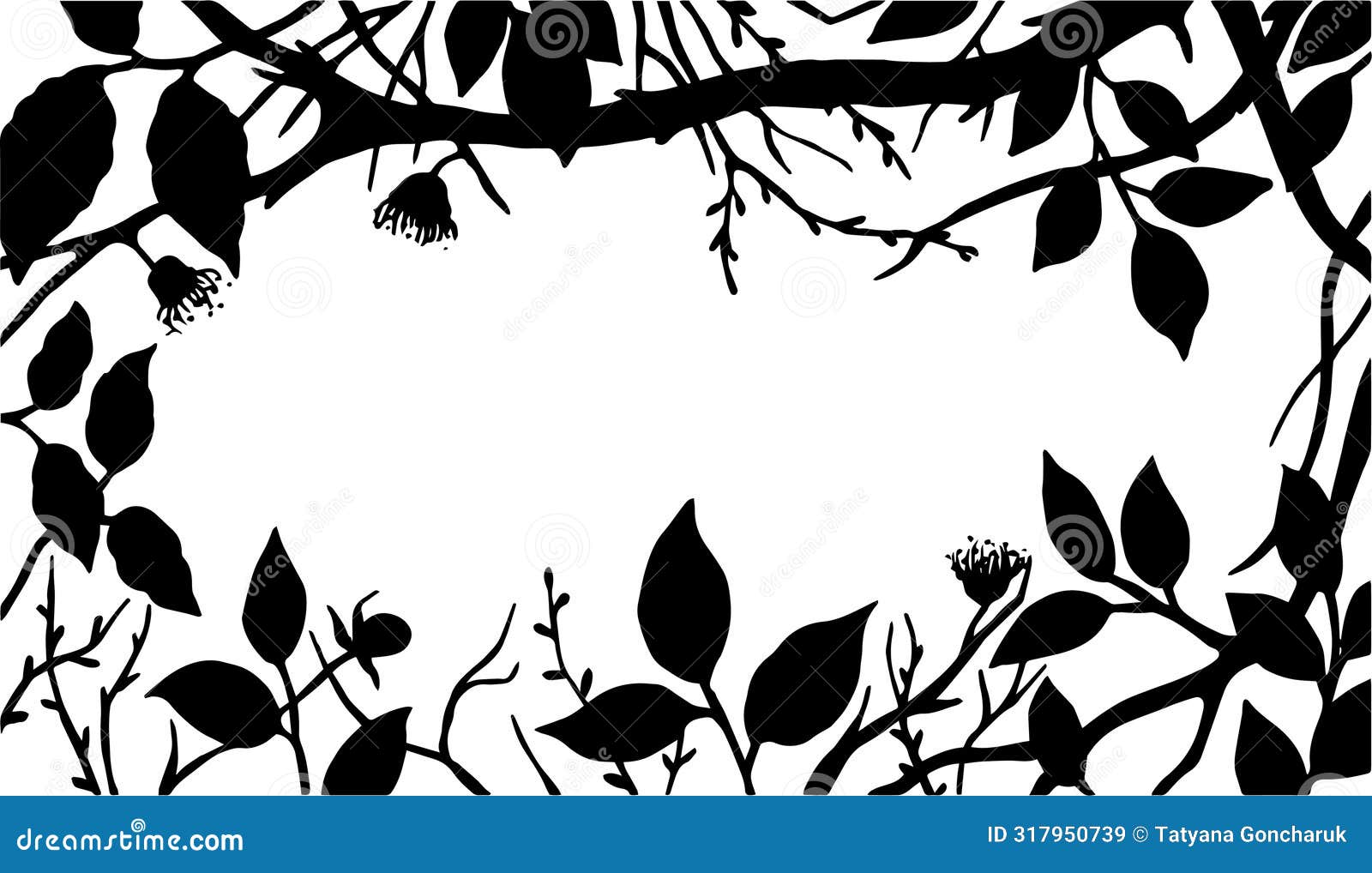 Rectangular Frame Made of Tree Branches and Leaves. Black and White ...