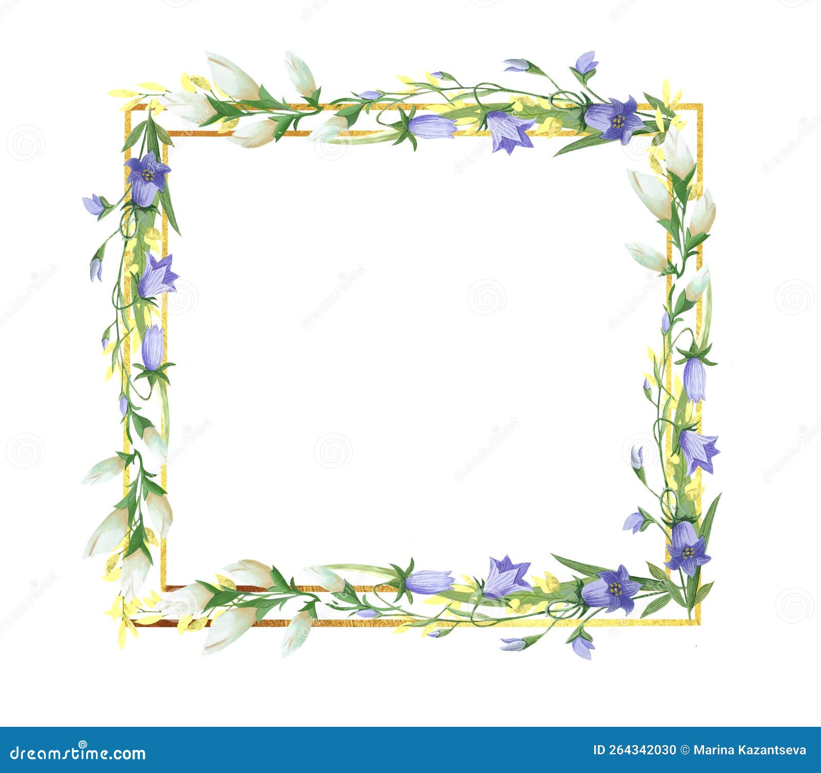 RECTANGULAR FRAME with SPRING BLUE and WHITE BELLS.WILD FLOWERS, GOLD ...
