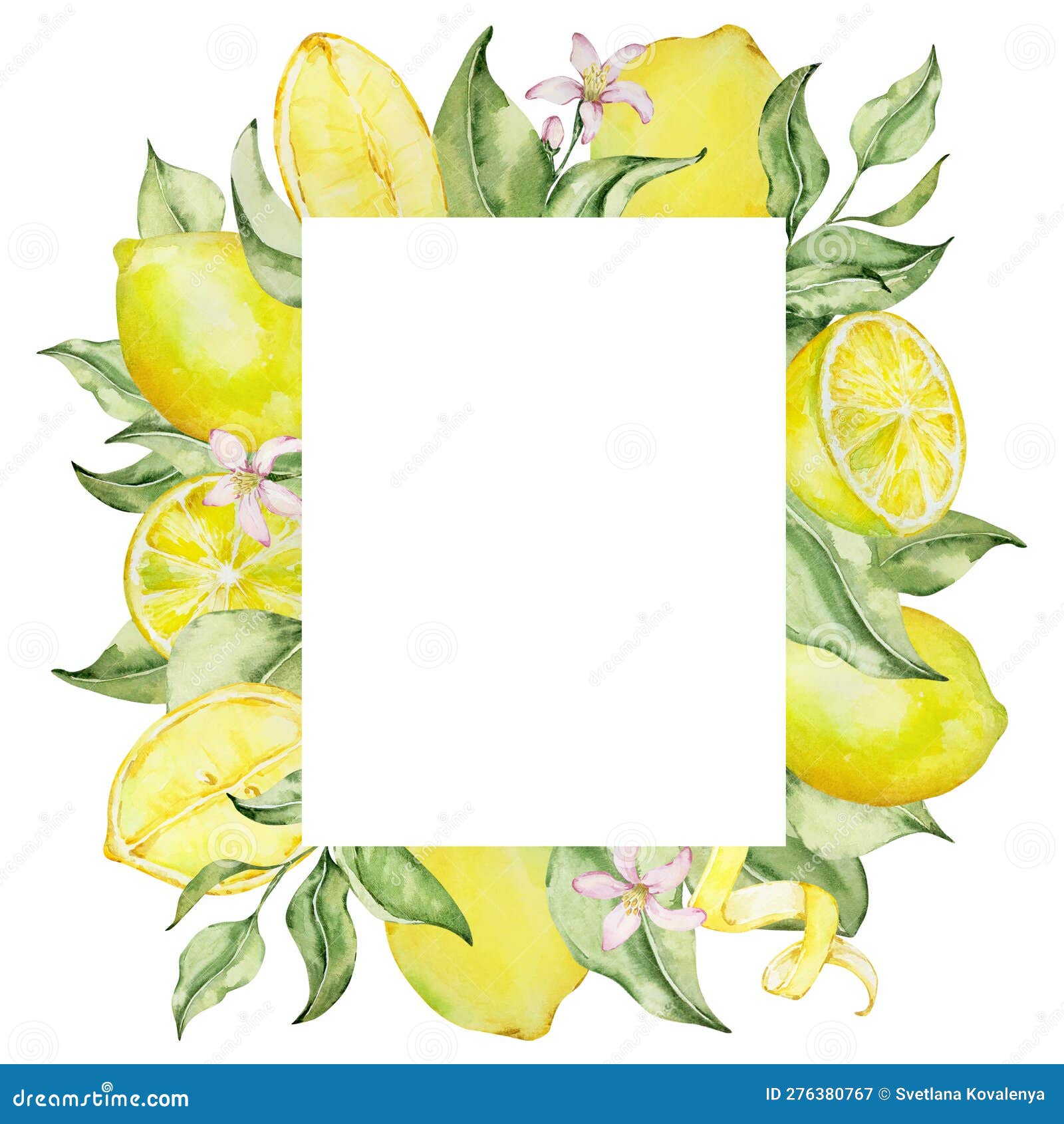 Rectangular Frame of Watercolor Lemons, Flowers and Leaves Stock Vector ...