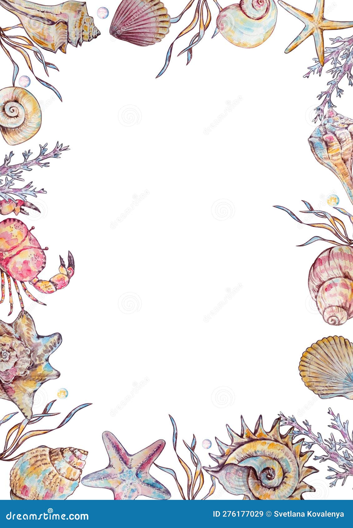 Rectangular Frame of Watercolor Seashells and Underwater Life Elements ...