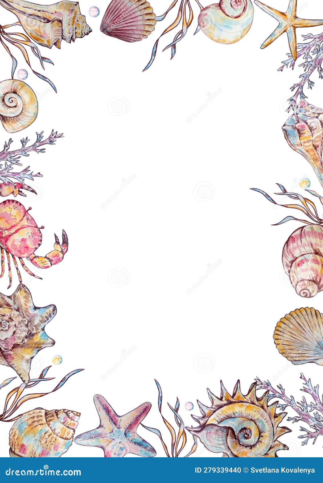 Rectangular Frame of Watercolor Seashells and Underwater Life Elements ...