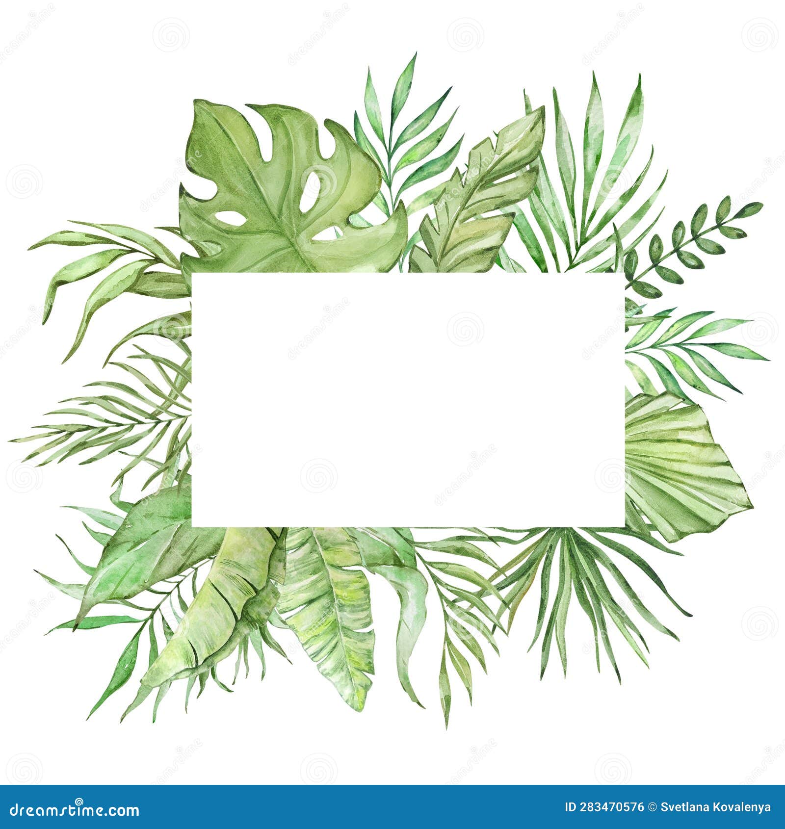 Rectangular Frame with Watercolor Tropical Leaves Stock Vector ...