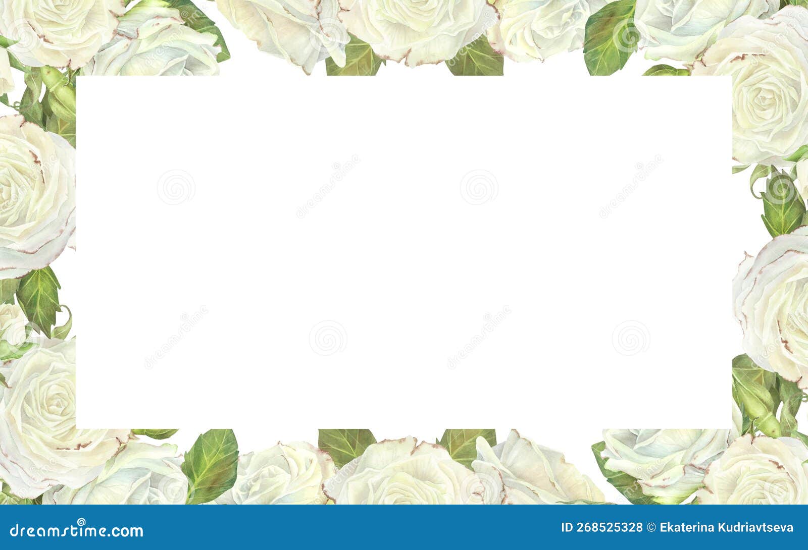 Rectangular Frame with White Roses and Leaves. Watercolor Illustration ...