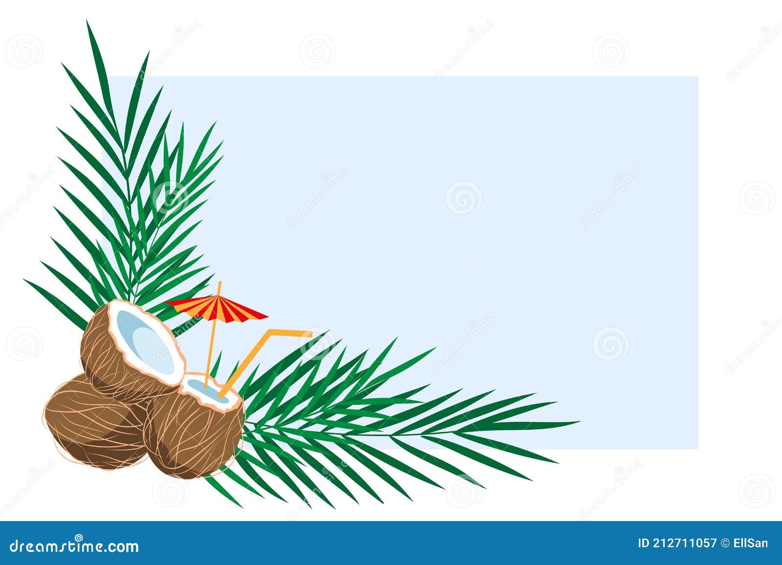 Rectangular Frame with Whole Coconut, Half and Palm Leaves. Flat Style ...