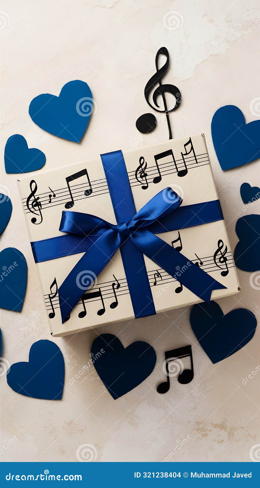 Rectangular Gift Box with Musical Note Symbols, Blue Ribbon, and Heart ...