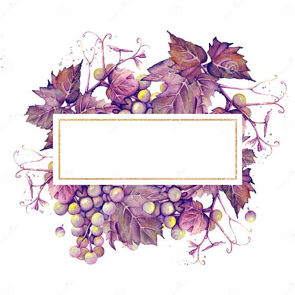 Rectangular Gold Frame with Bunches of Purple Grapes Drawn in ...