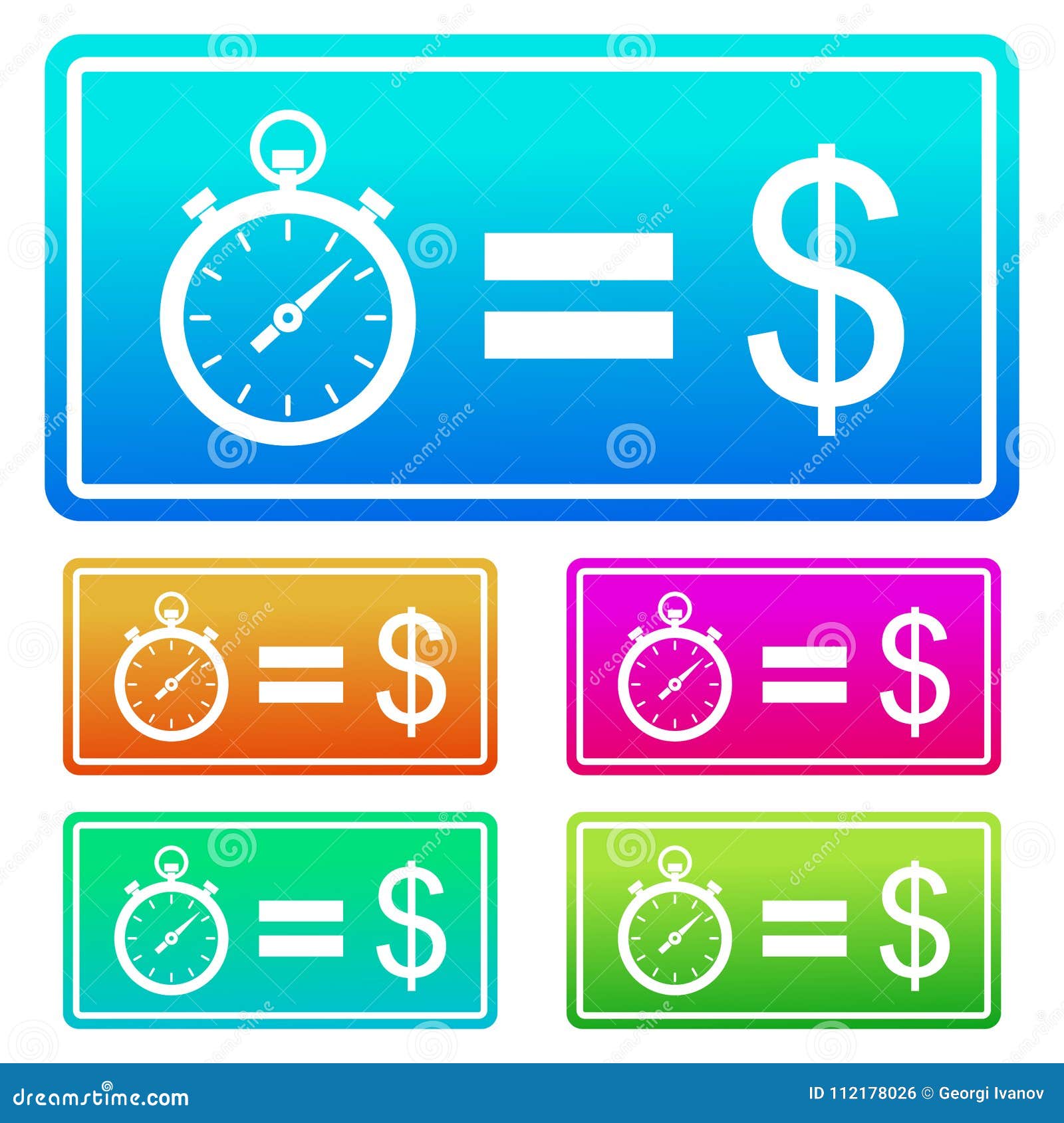 Rectangular, Gradient `Time is Money` Pictogram Icon. Five Variations ...