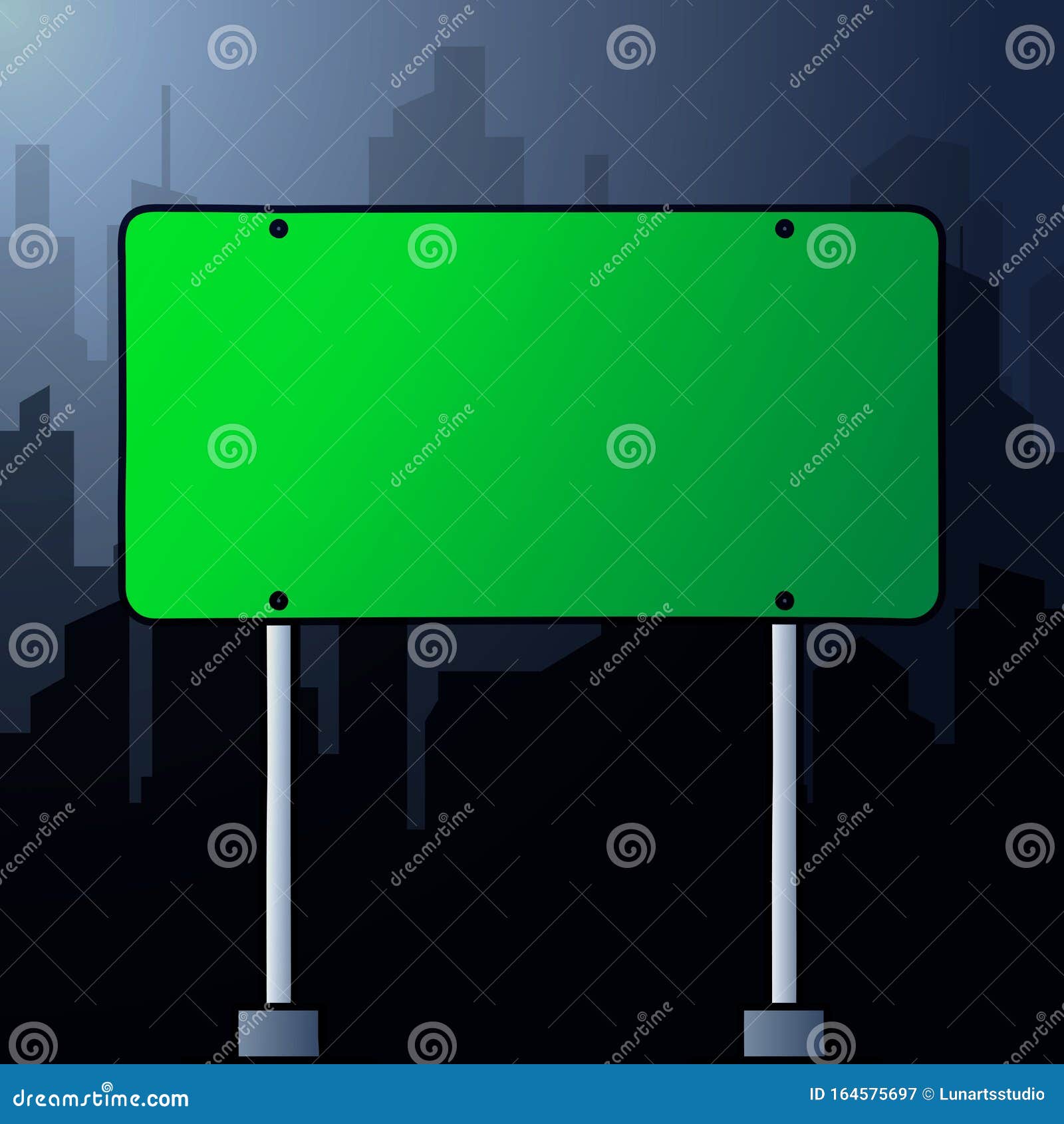Rectangular Green Road Sign on a Background Landscape of a Night City ...