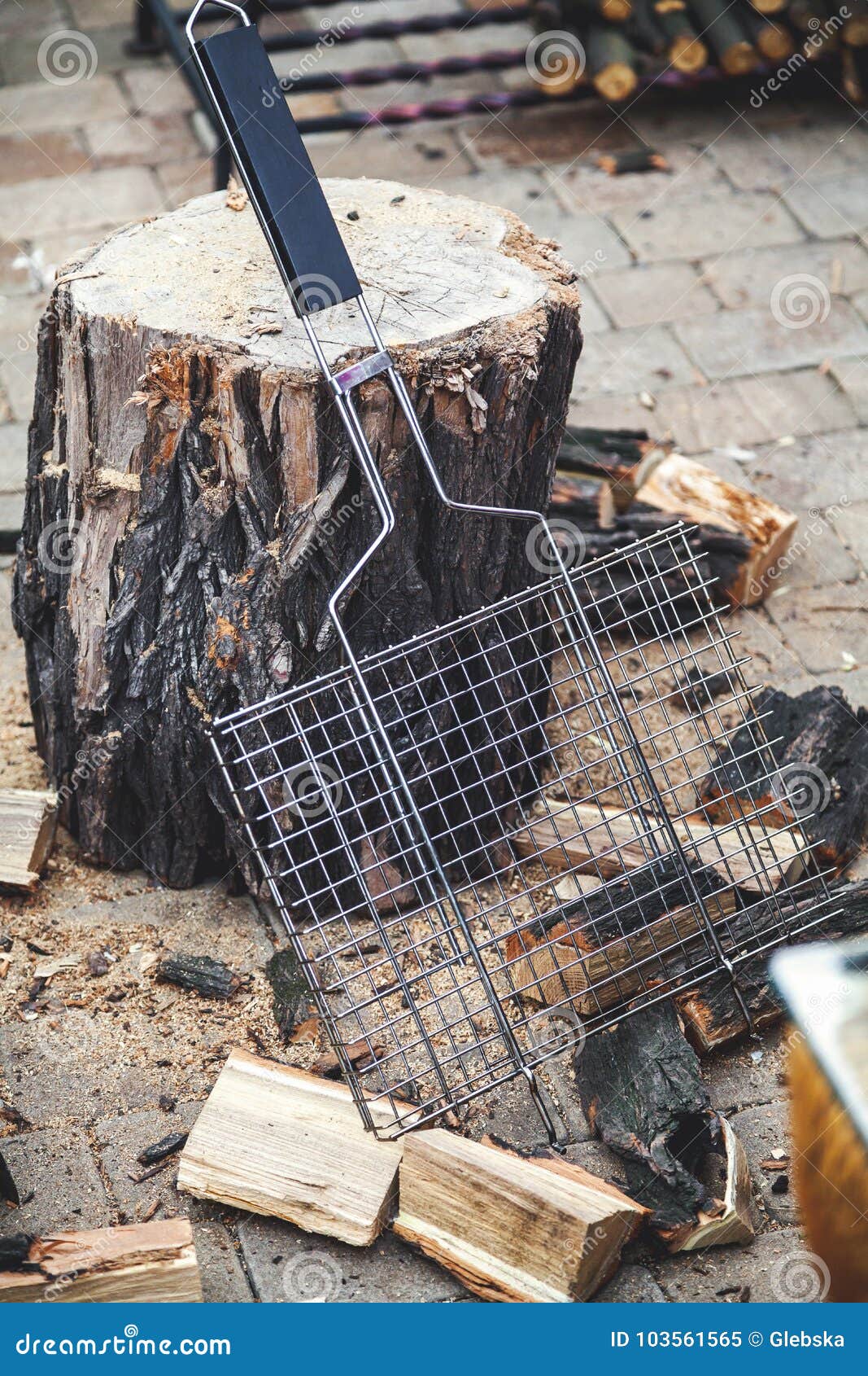 Barbecue Grill Rests on Stump in Courtyard Stock Image - Image of ...
