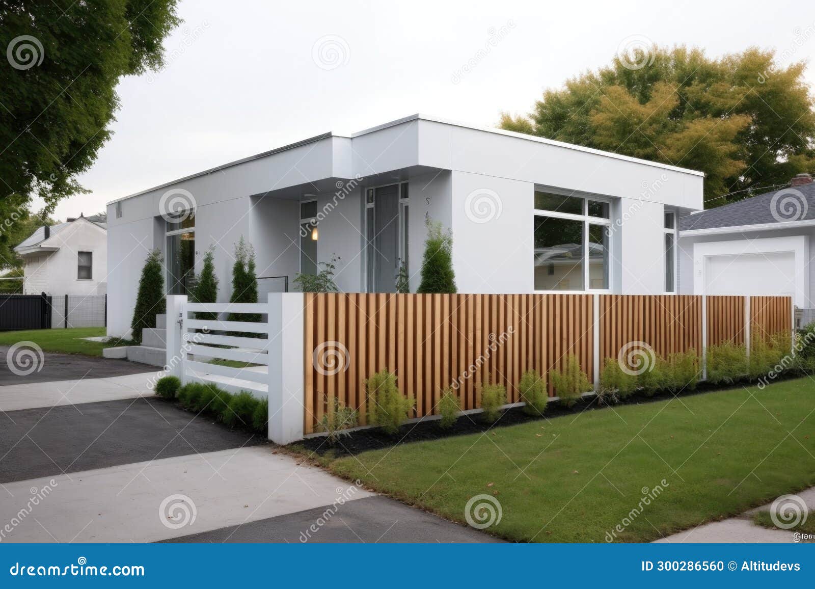 A Rectangular House with a Flat Roof Surrounded by a White Fence Stock ...
