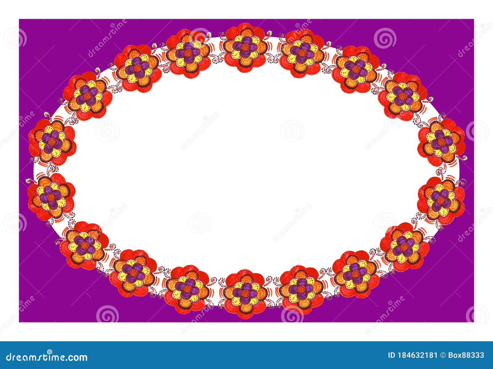 Rectangular Lilac Frame with an Oval Wreath of Watercolor Red-yellow ...
