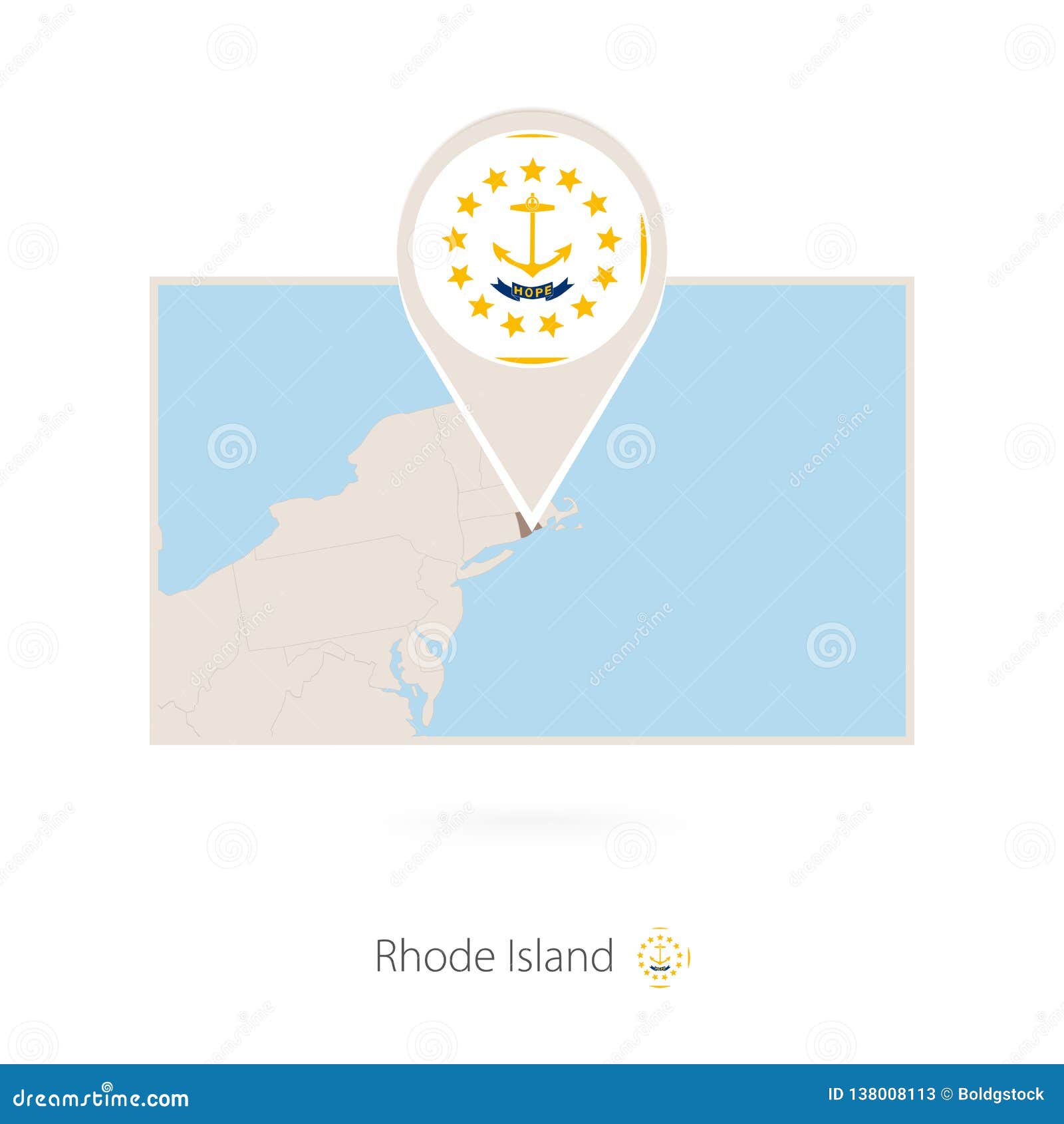 Rectangular Map of US State Rhode Island with Pin Icon of Rhode Island ...