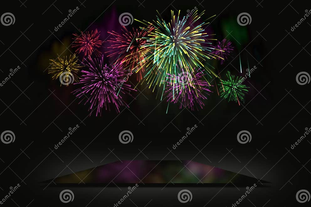 Rectangular Mirror Scene Podium and Fireworks Stock Illustration ...