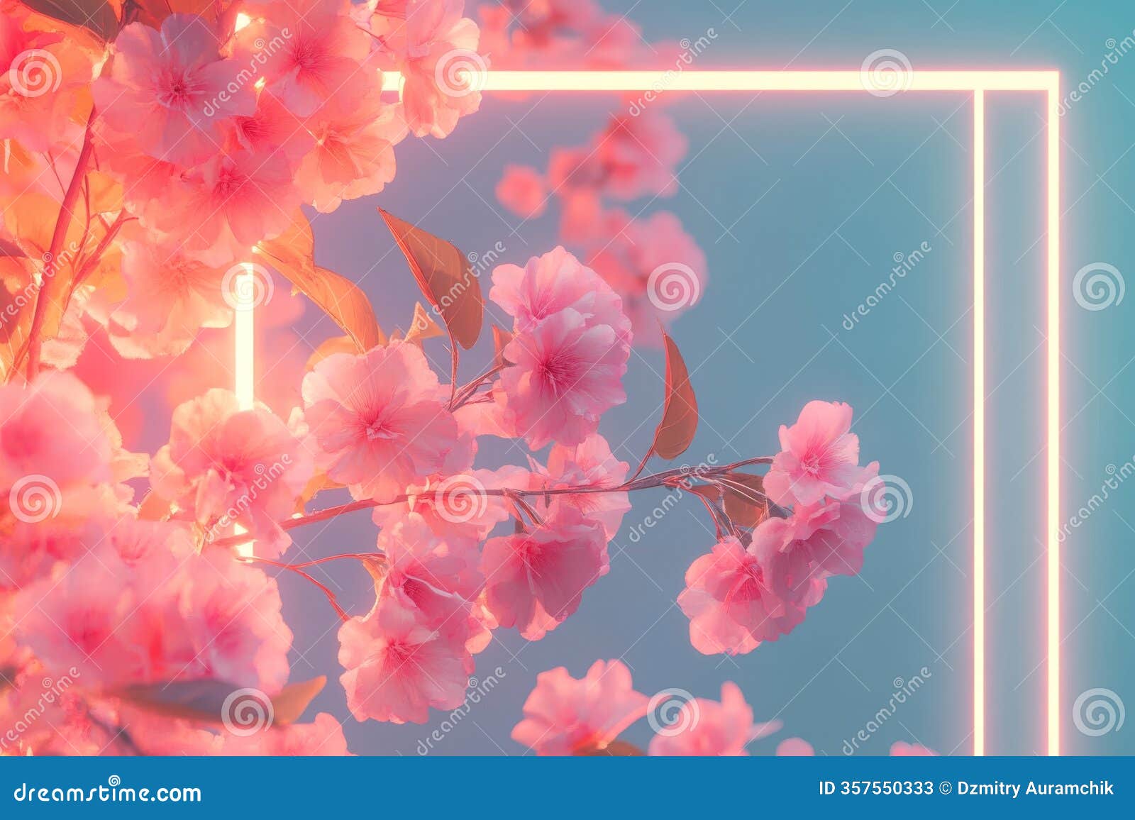 A Rectangular Neon Border on a Pink and Blue Gradient Background with Spring Flowers in Bloom ...