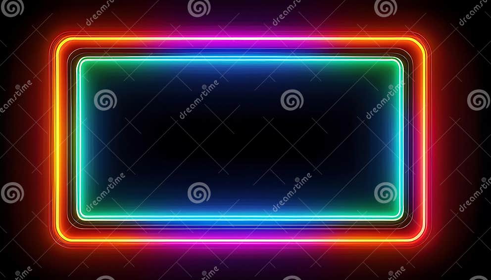 Rectangular Neon Frame with Gradient Colors Glowing Brightly in a Dark ...