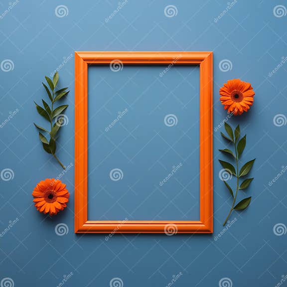 A Rectangular Orange Photo Frame Hangs on a Bare Concrete Wall Stock ...