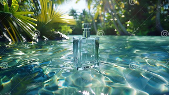 Rectangular Perfume Bottle in Clear Blue Water, Highlighted by Sunlight ...