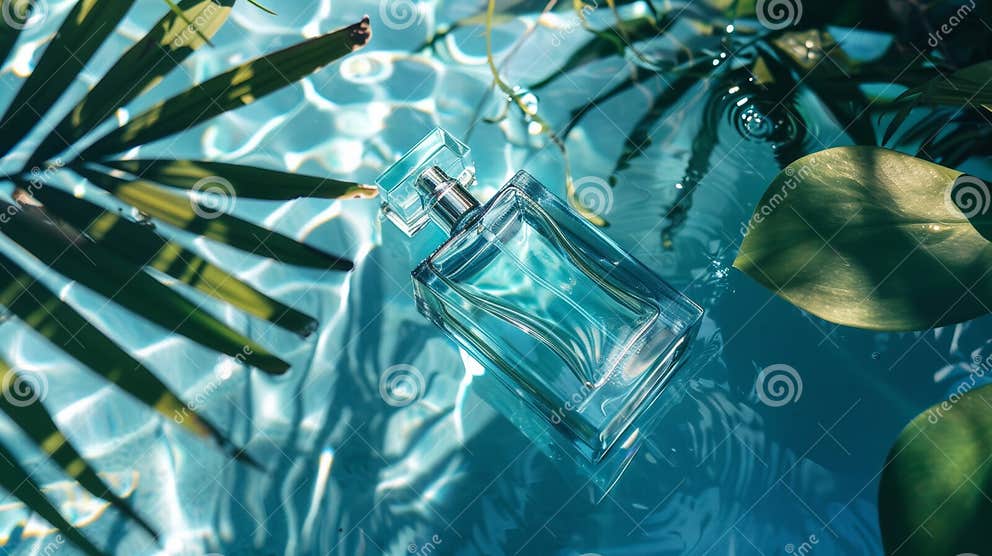 Rectangular Perfume Bottle in Clear Blue Water, Highlighted by Sunlight ...