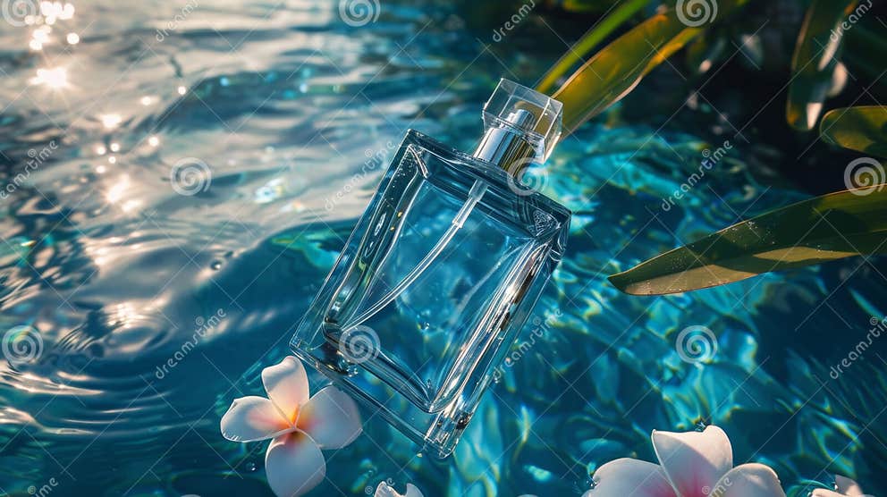 Rectangular Perfume Bottle in Clear Blue Water, Highlighted by Sunlight ...