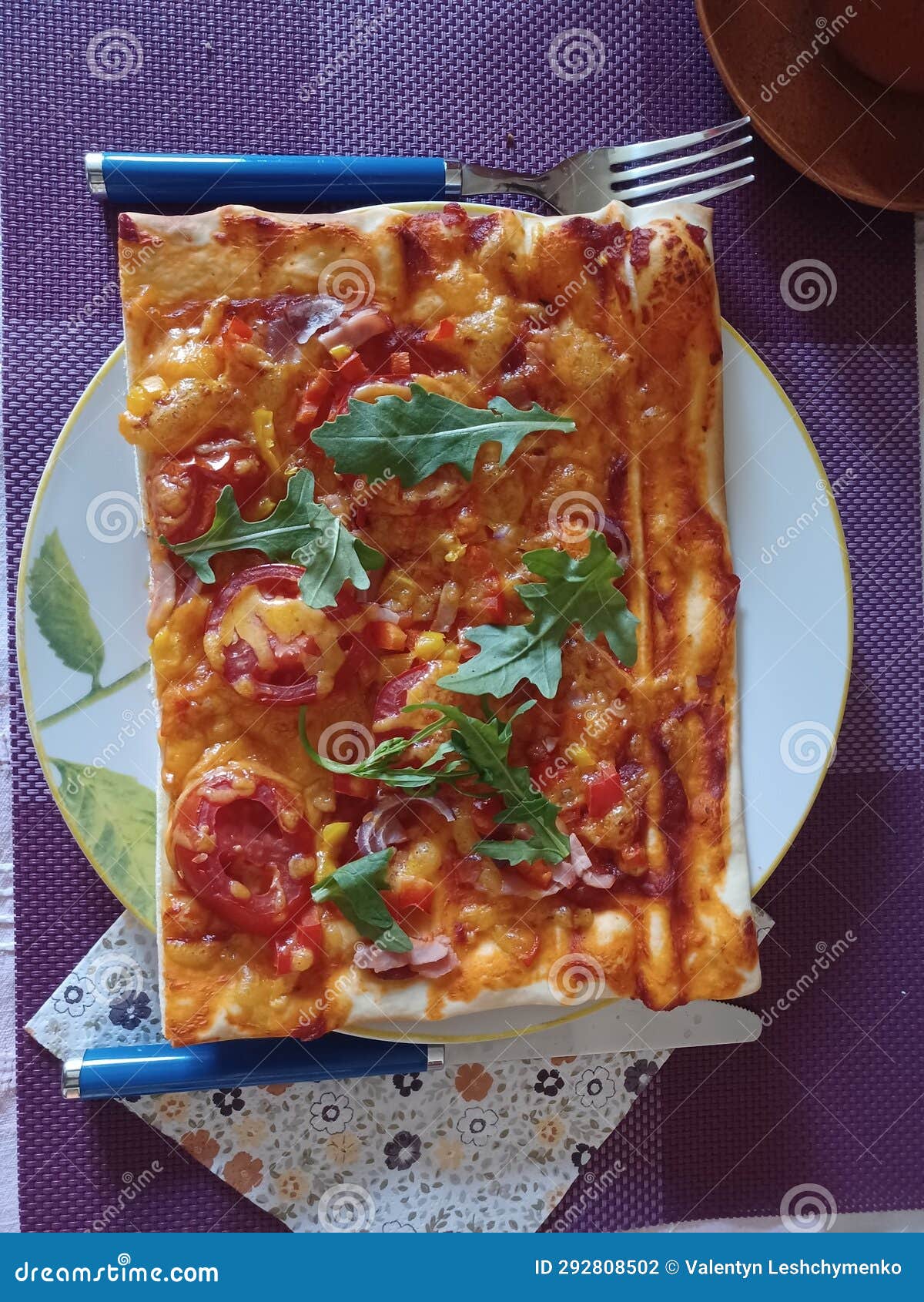 Rectangular Piece of Pizza with Arugula Leaves Stock Photo - Image of ...